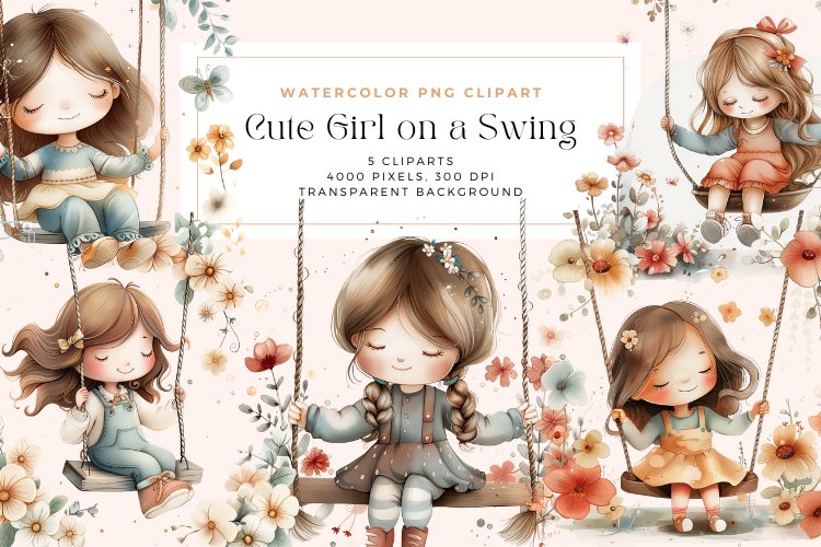 Watercolor Cute Girl on a Swing Clipart