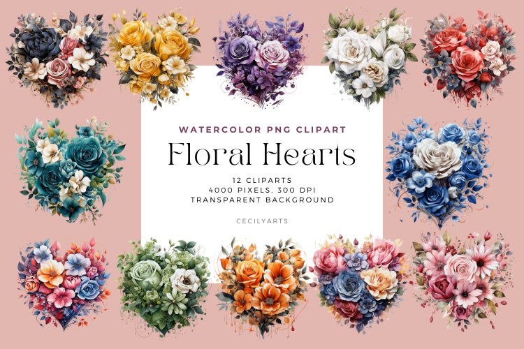 Watercolor Floral Hearts Cliparts Bundle