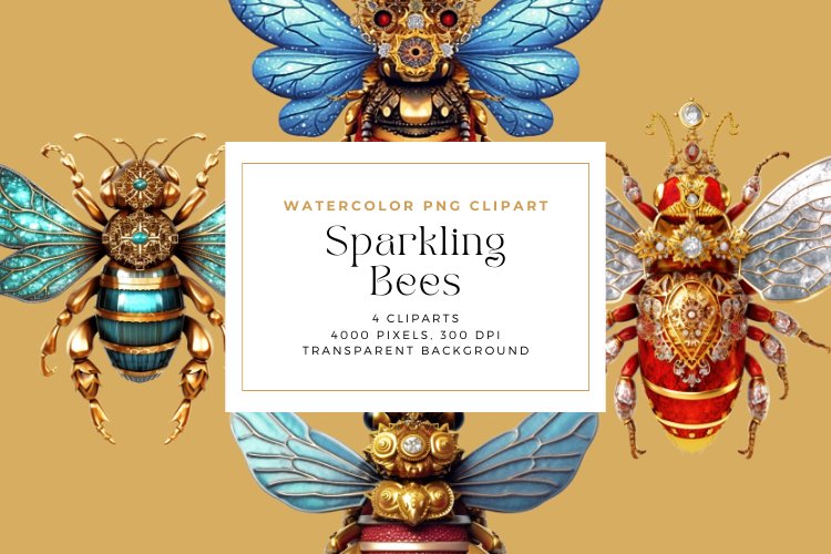 4 Watercolor Sparkling Bees Clipart
