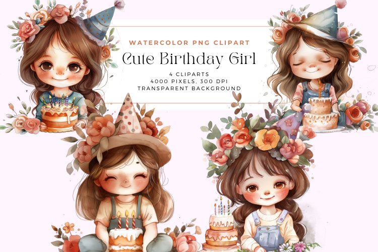 4 Watercolor Cute Birthday Girl Clipart