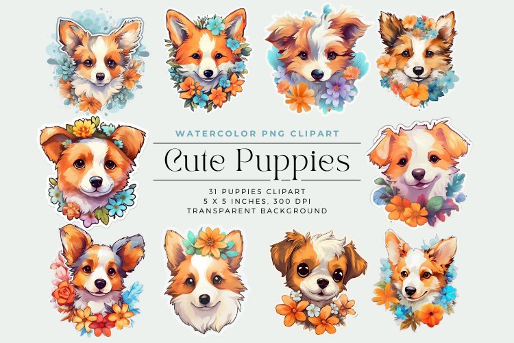 31 Watercolor Cute Puppies Clipart