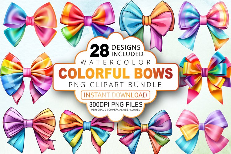 Watercolor Colorful Bows Clipart Bundle
