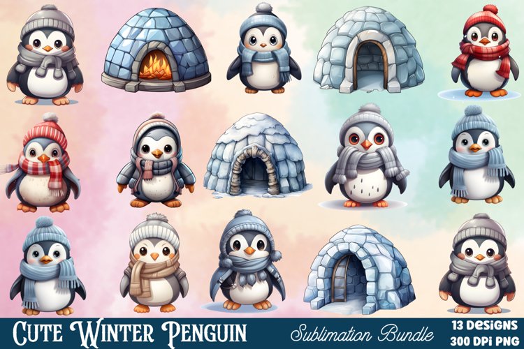 Watercolor Cute Winter Penguin Clipart, Penguin Clipart