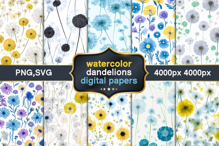 Watercolor Dandelions Digital Papers Set