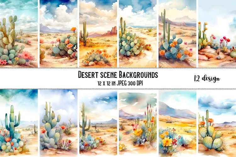 12 Watercolor Desert Scene Backgrounds, Scrapbook papers