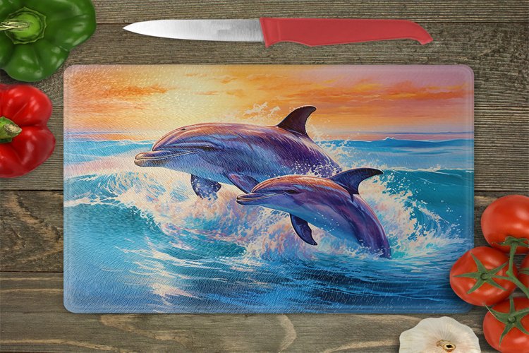 Watercolor Dolphins- Glass Cutting Board -PNG Design