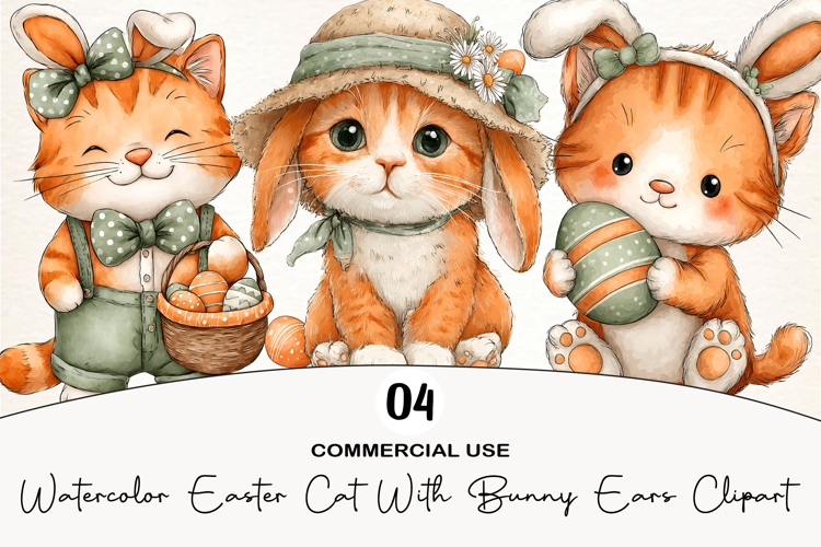 Watercolor Easter Cat With Bunny Ears Clipart