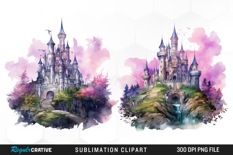Watercolor Fantasy Castles Graphic Clipart