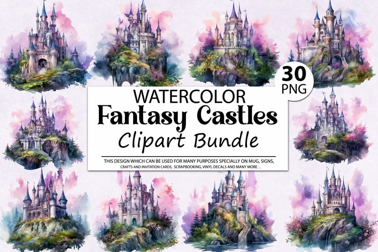 Watercolor Fantasy Castles Clipart Bundle