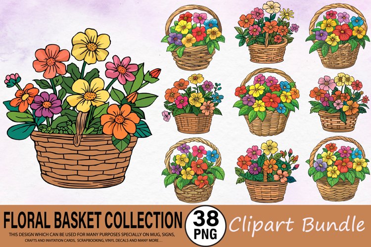 Watercolor Floral Basket Collection Clipart Bundle