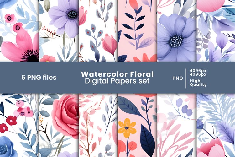 Floral watercolor patterns and digital papers set PNG