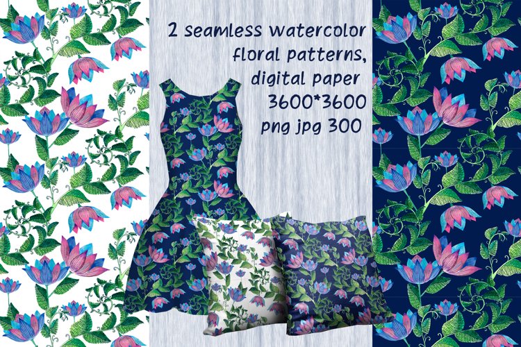 2 watercolor flower patterns, digital paper