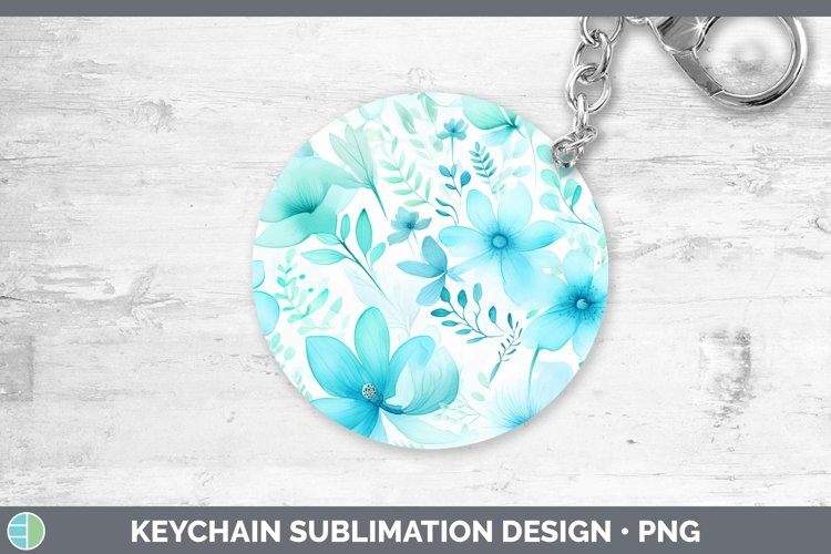 Watercolor Flowers Cyan Keychain Sublimation Keyring Designs