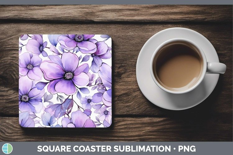 Watercolor Flowers Violet Square Coaster Sublimation Coaster