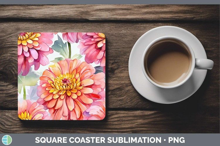 Watercolor Flowers Zinnia Square Coaster Sublimation Coaster