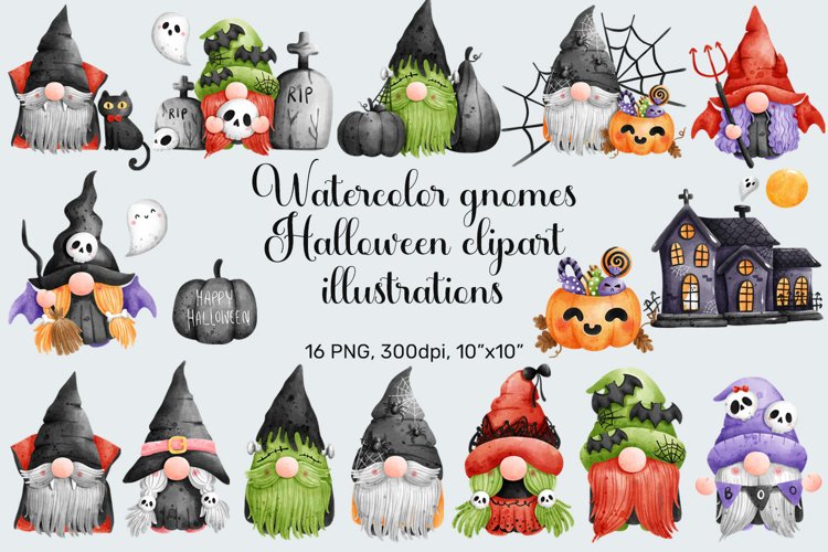 Watercolor gnomes Halloween clipart illustrations collection