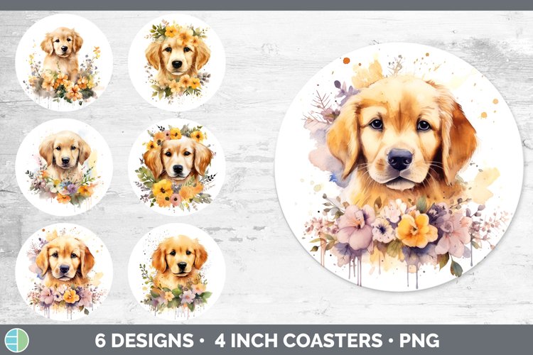 Watercolor Golden Retriever Dog Round Coaster | Sublimation
