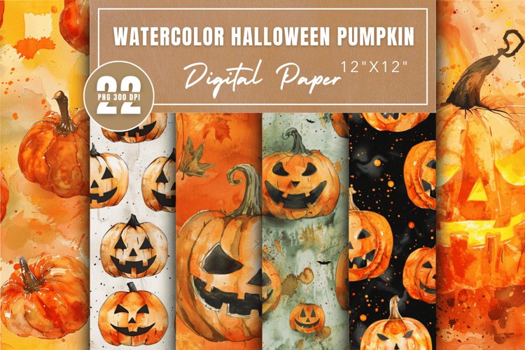 Watercolor Halloween Pumpkin Digital Paper Bundle