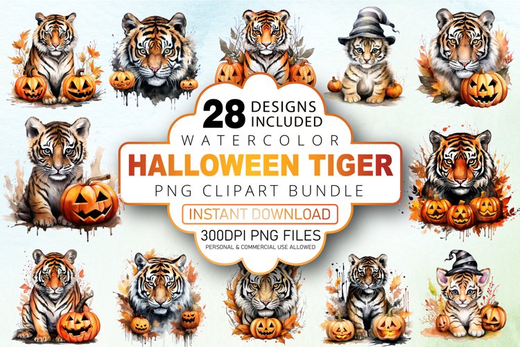 Watercolor Halloween Tiger Clipart Bundle