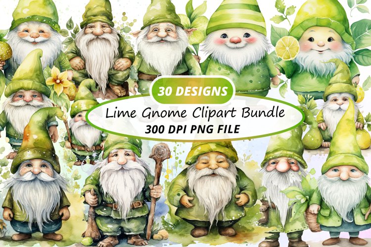 Watercolor Lime Gnome Sublimation Clipart Bundle