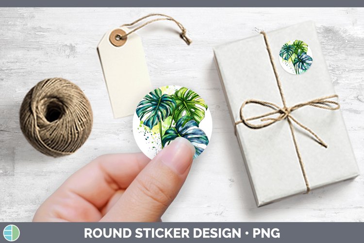 Watercolor Monstera Stickers | Round Labels Designs