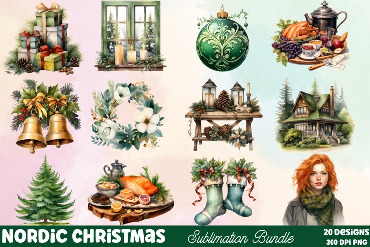 Watercolor Nordic Christmas Clipart Bundle, Nordic Christmas