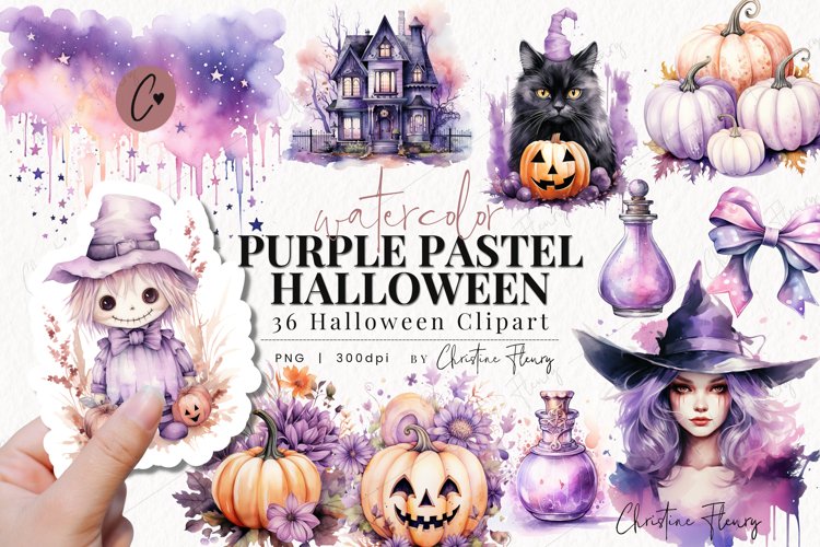 36 Watercolor Purple Pastel Halloween Clipart