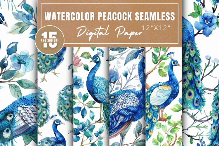 Watercolor Peacock Seamless Pattern Digital Paper Bundle