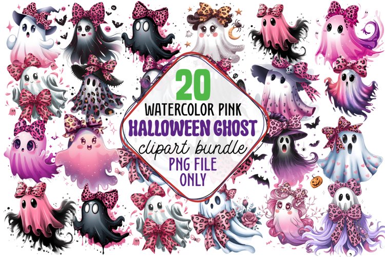 Watercolor Pink Halloween Ghost Clipart Bundle