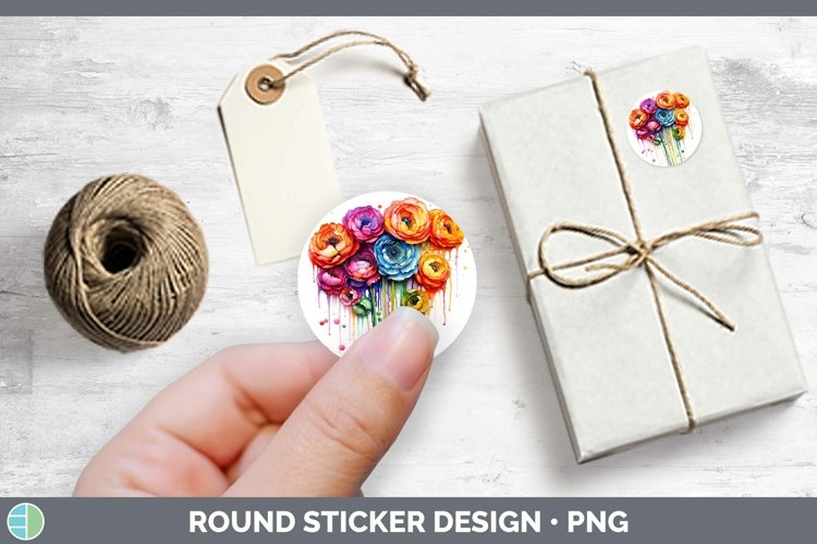 Watercolor Rainbow Ranunculus Stickers | Round Labels Design