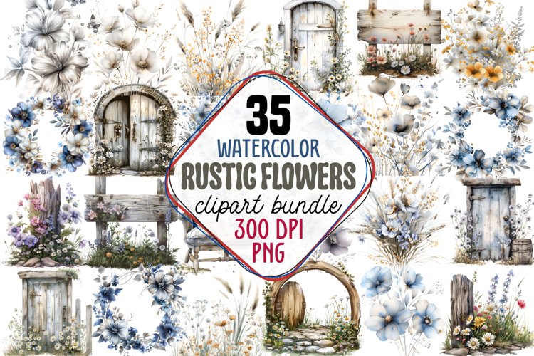 Watercolor Rustic Flowers Clipart Bundle