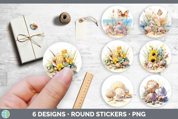 Watercolor Seashell Stickers | Round Labels Bundle