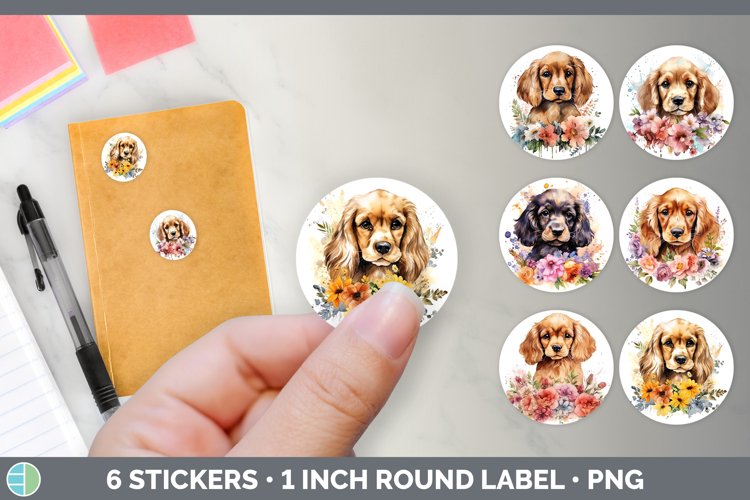 Watercolor Spaniel Dog Stickers | Round Labels Designs Bundl