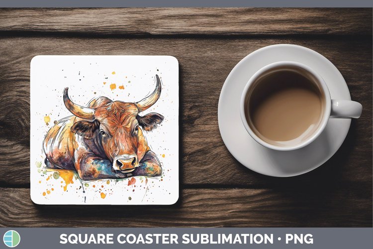 Watercolor Splash Farm Bull Square Coaster Sublimation Coast