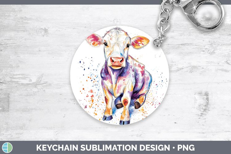 Watercolor Splash Farm Cow Keychain Sublimation Keyring Desi