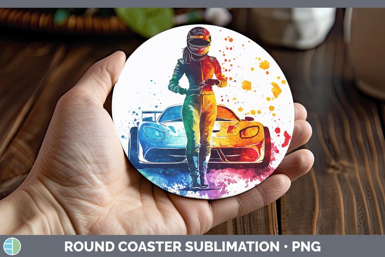 Watercolor Splash Female Race Car Driver Round Coaster Subli