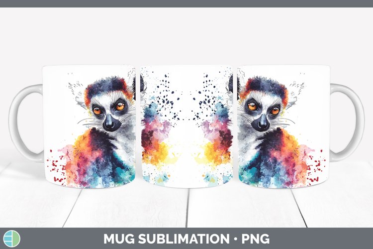 Watercolor Splash Lemur Mug Wrap Sublimation Coffee Cup Desi