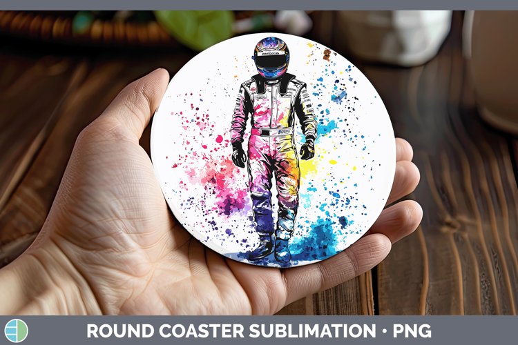 Watercolor Splash Male Race Car Driver Round Coaster Sublima