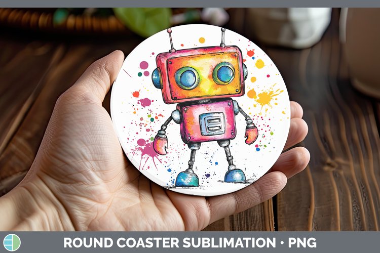 Watercolor Splash Toy Robot Round Coaster Sublimation Coaste