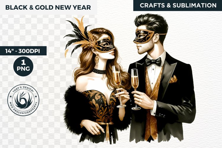 Watercolor Black & Gold New Year Clipart Bundle