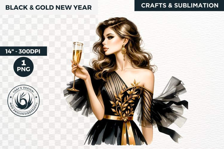 Watercolor Black & Gold New Year Clipart Bundle