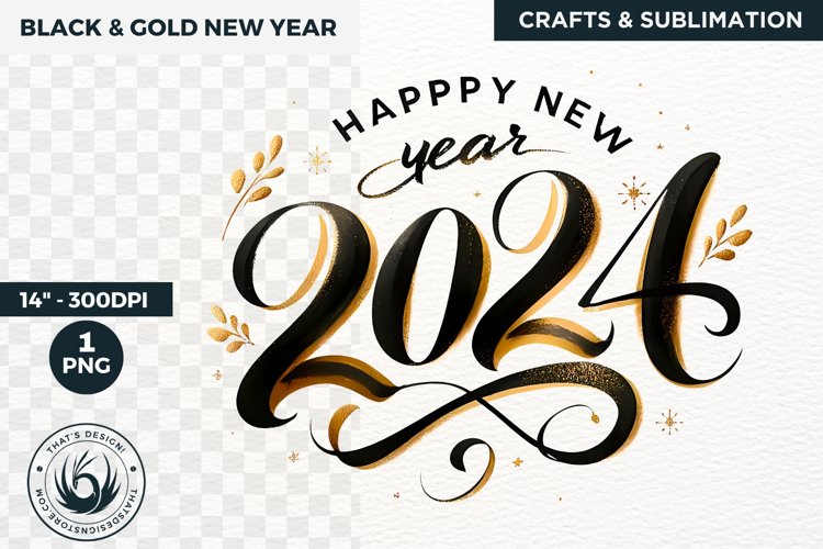 Watercolor Black & Gold New Year Clipart Bundle