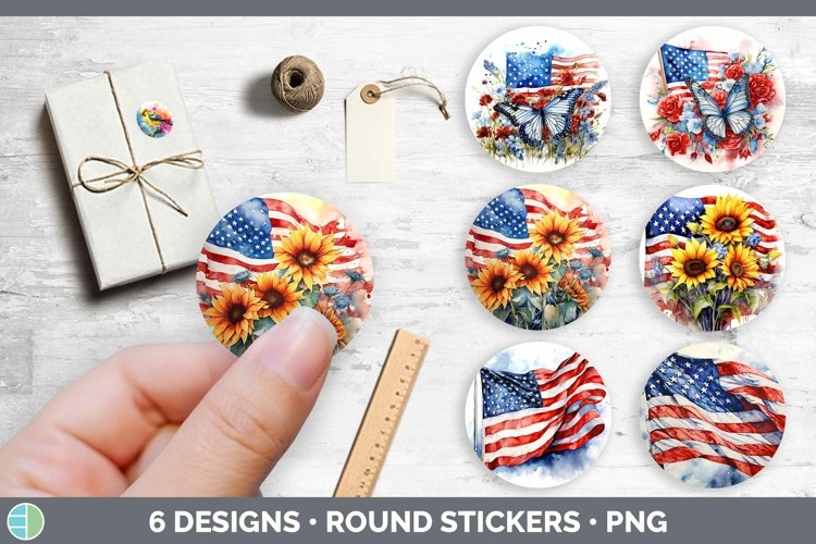 Watercolor USA Flag Stickers | Round Labels Bundle