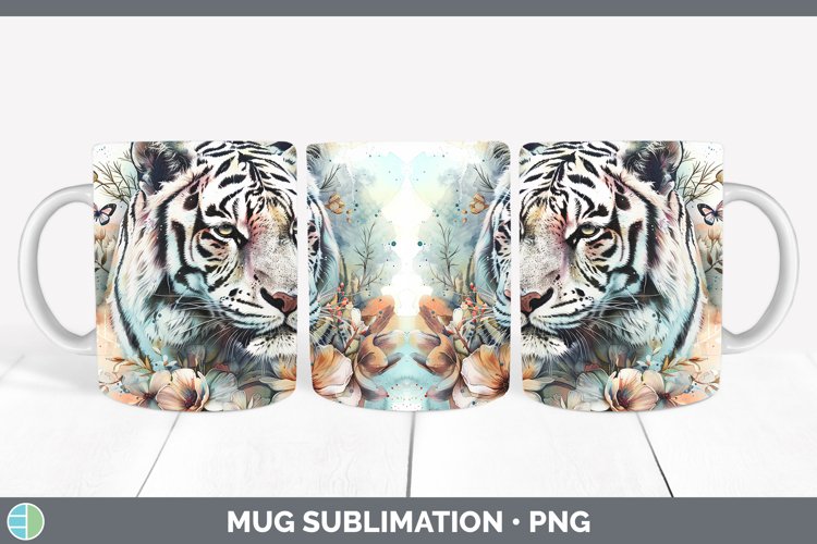 Watercolor White Tiger Mug Wrap Sublimation Coffee Cup Desig