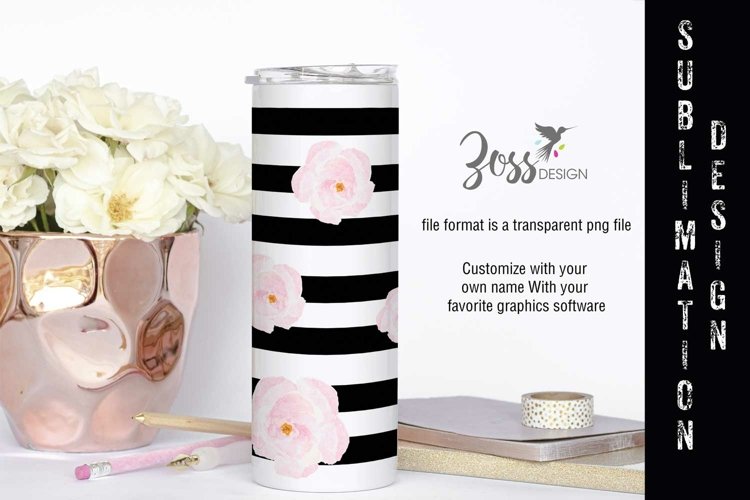 Black and white with pink roses sublimation tumbler design
