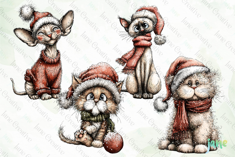 Whimsical Christmas Cats Clipart (6364925)