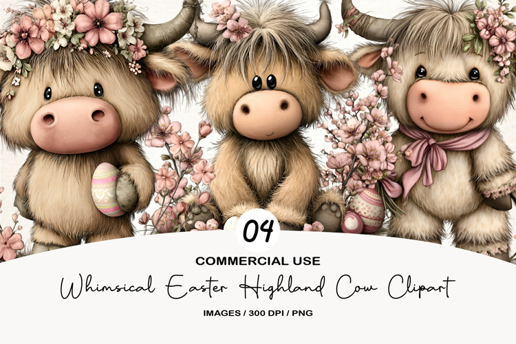 Whimsical Easter Highland Cow Clipart (6512902)