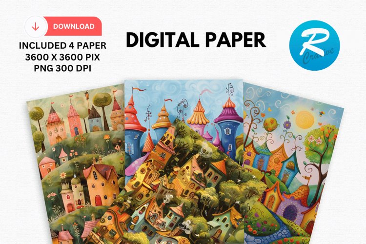 Whimsical Houses Digital Paper, Whimsical Background