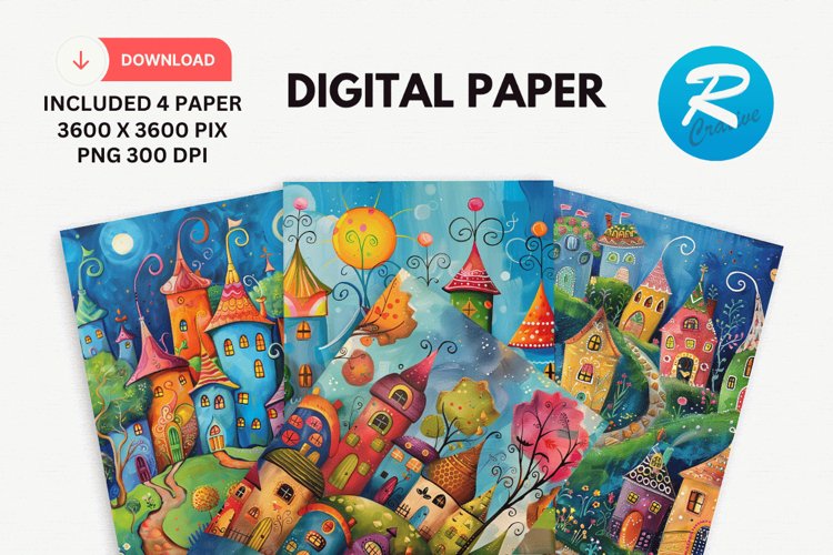 Whimsical Houses Digital Paper, Whimsical Background