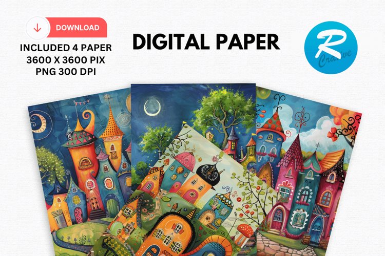 Whimsical Houses Digital Paper, Whimsical Background